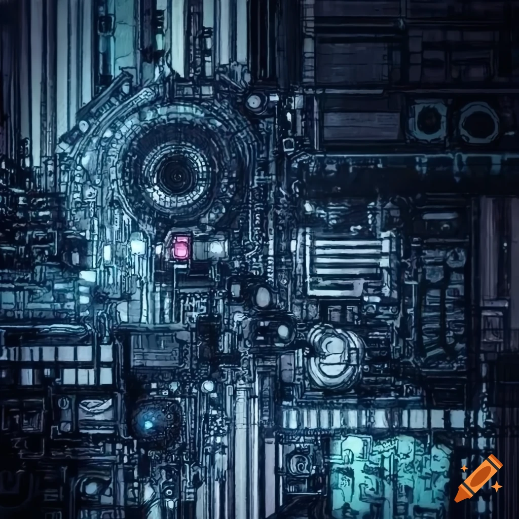 Cyberpunk cityscape with pipes, gears, and electronic circuits in ...