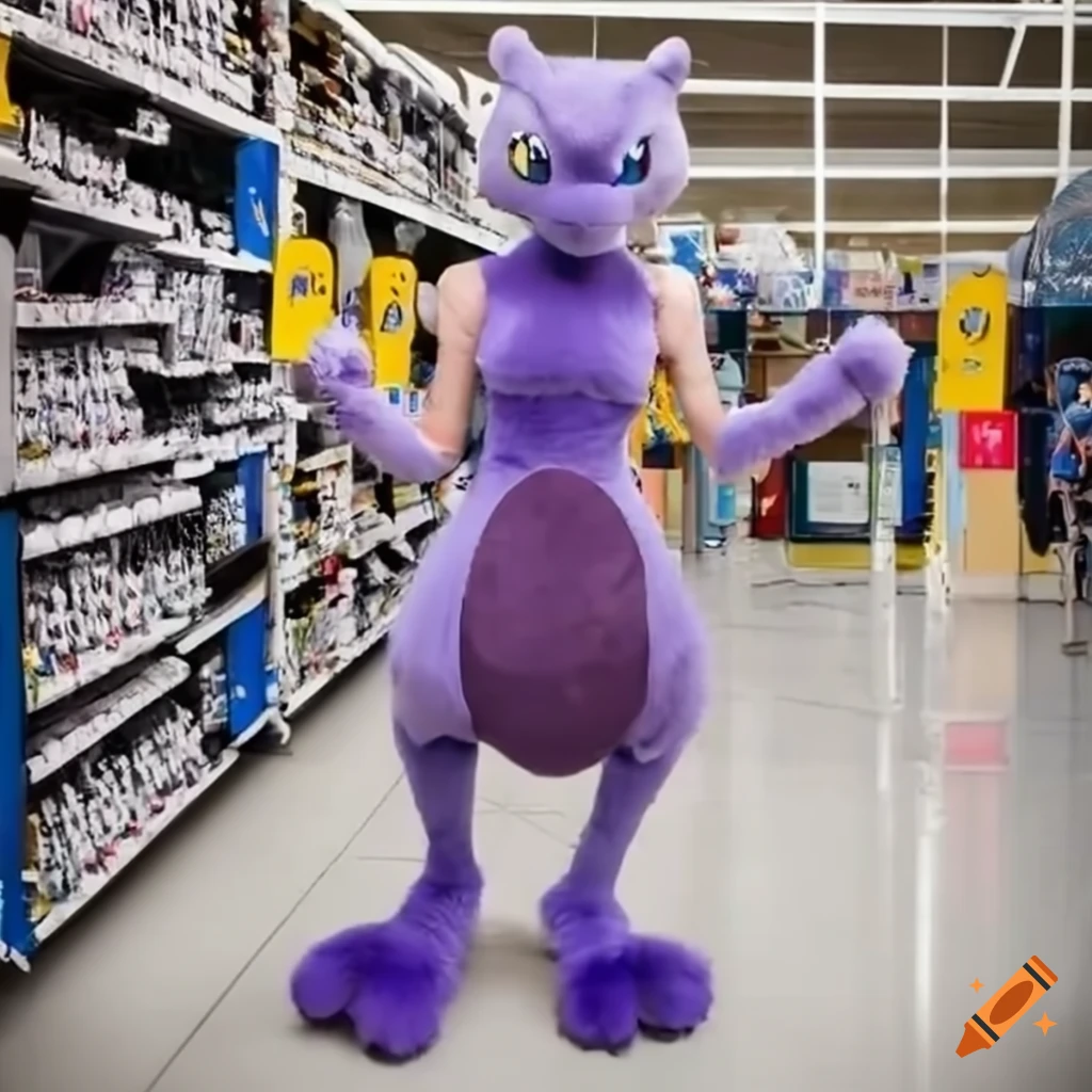 Female employee in mewtwo fursuit at walmart on Craiyon