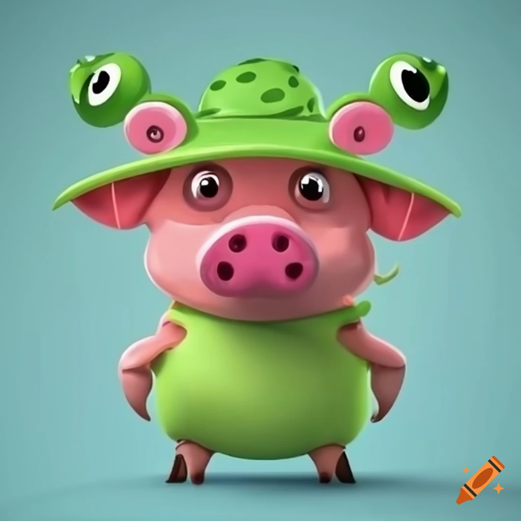 Adorable cartoon pig with frog-shaped hat on Craiyon