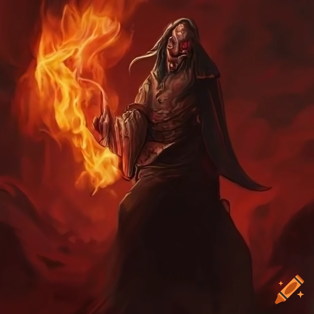 Red wizard casting fire spells in a dark high fantasy setting on Craiyon