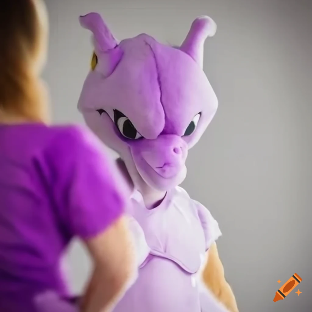 Close up of nurse in Mewtwo fursuit at hospital on Craiyon