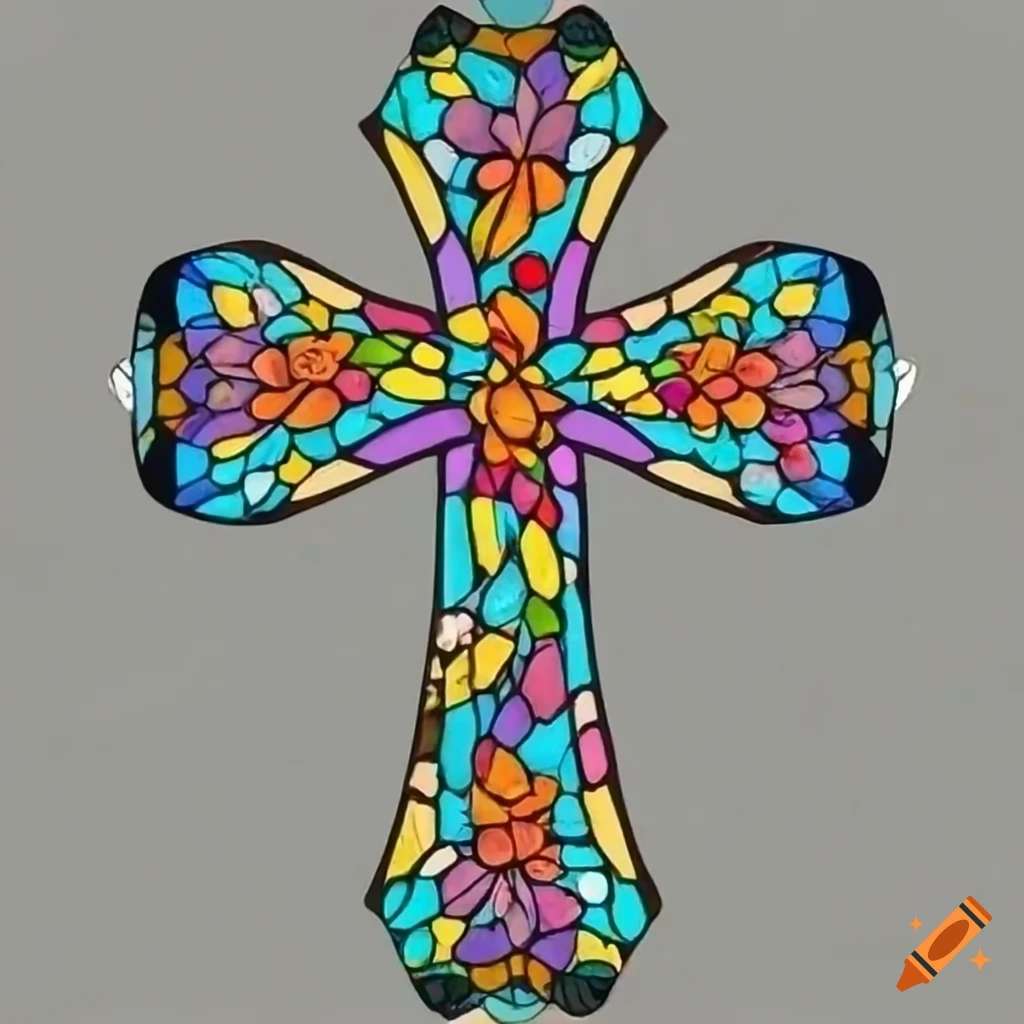Stained glass easter cross with flowers on Craiyon