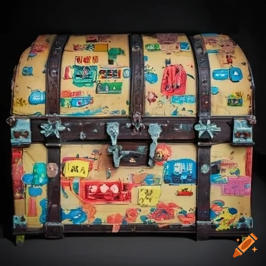 Old trunk covered in colorful pop culture stickers from the 80s on Craiyon