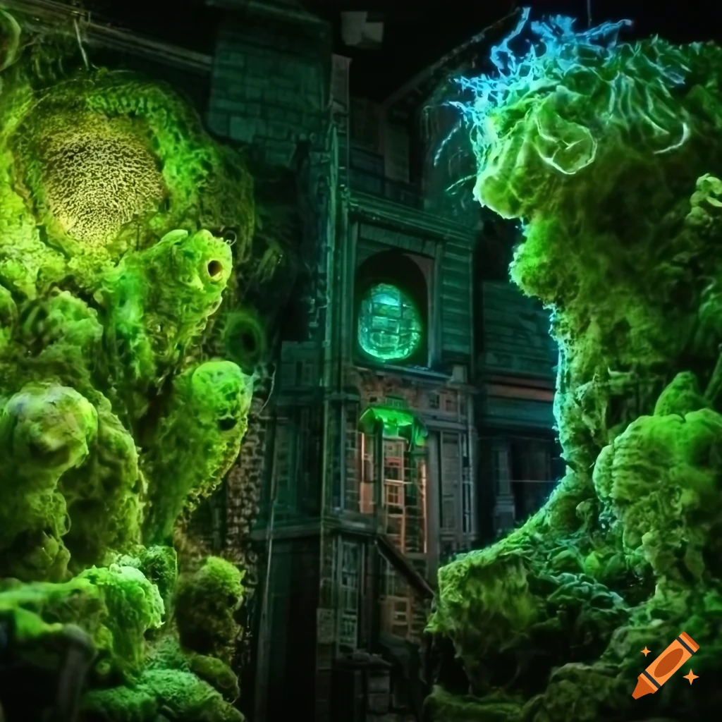 Glowing biopunk cityscape with green moss, plants, mushrooms, and ... Glowing biopunk cityscape with green moss, plants, mushrooms, and ...