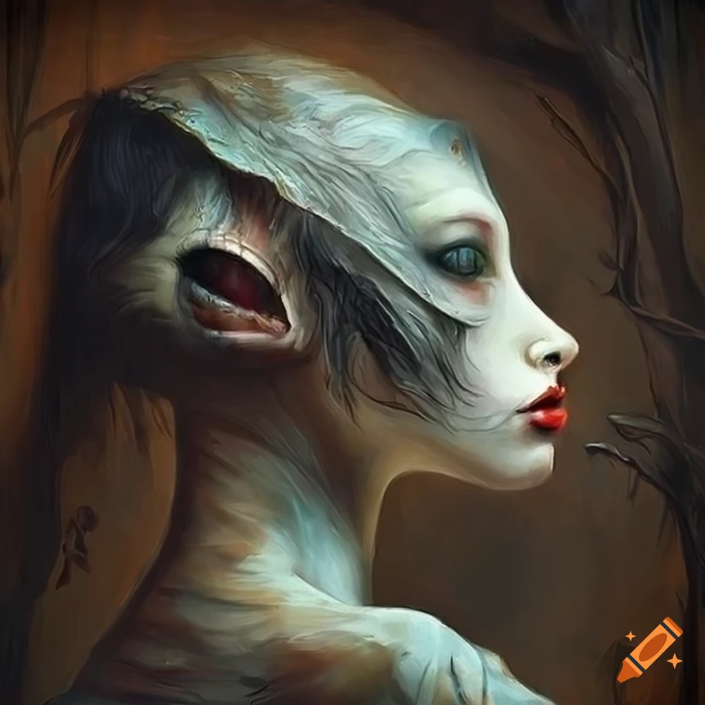 Intricate painting of unusual pale marble female creature with pale ...