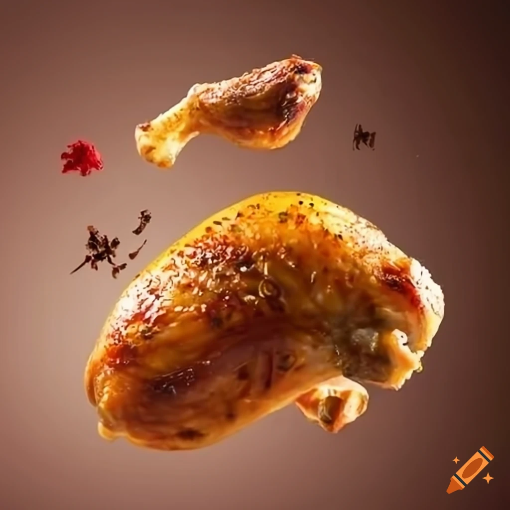 Spices flying in brown background with a chicken leg piece for a ...