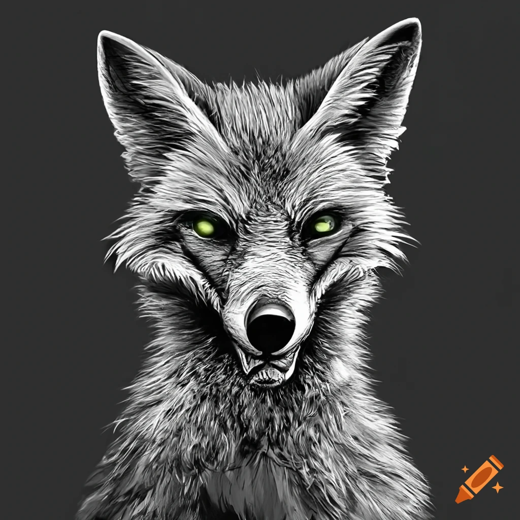 Scary black and white fox on Craiyon