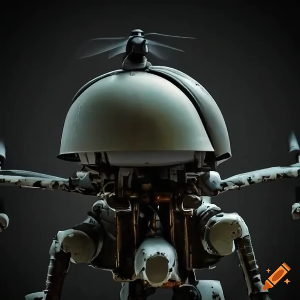 Round war drone with robotic arms and weapons on Craiyon