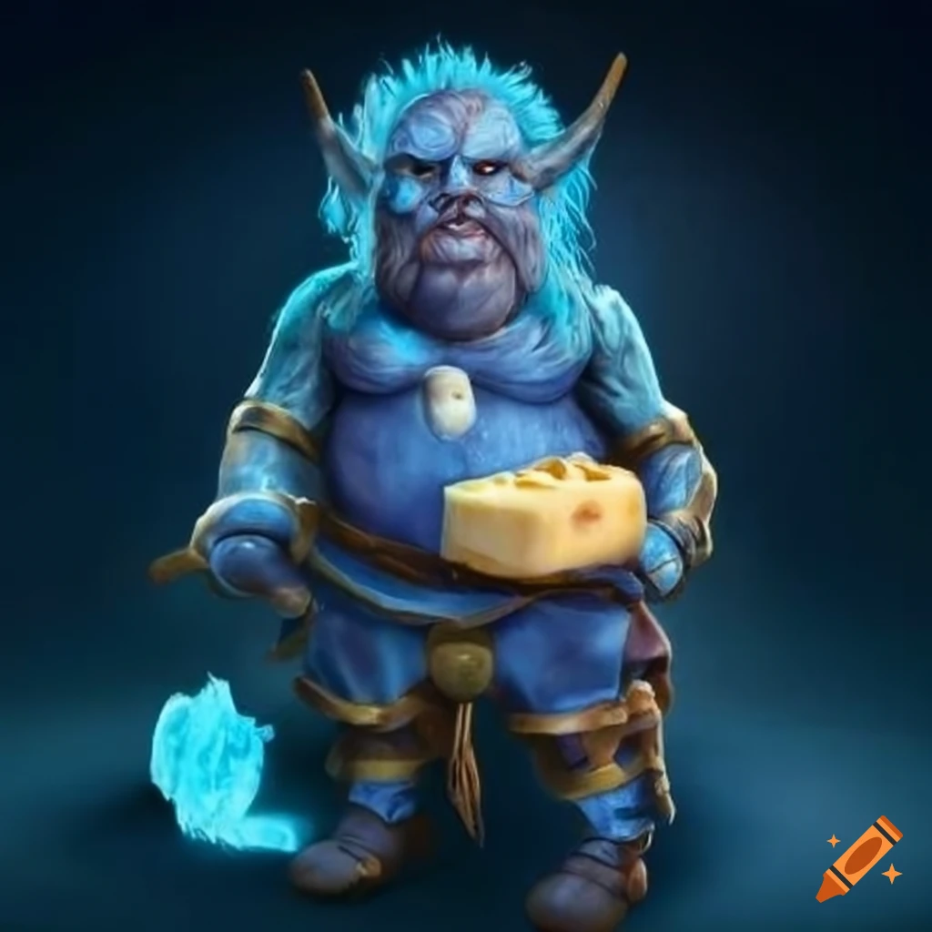 Blue dwarf with stone skin holding a wheel of cheese on Craiyon