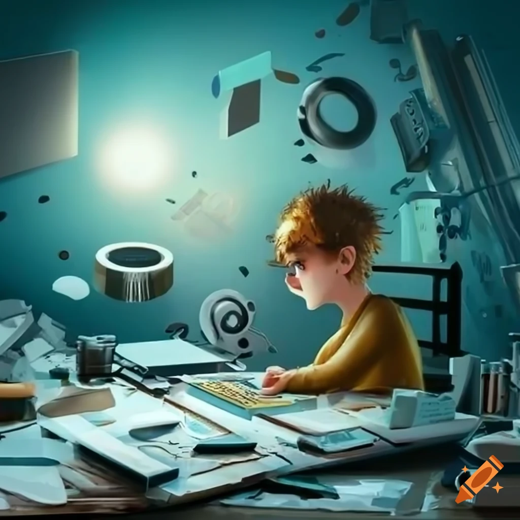 Focused engineer working on computer parts on a messy desk on Craiyon