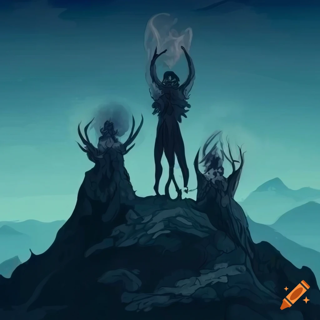Ethereal comic-style depiction of three mythical figures on mountaintop ...