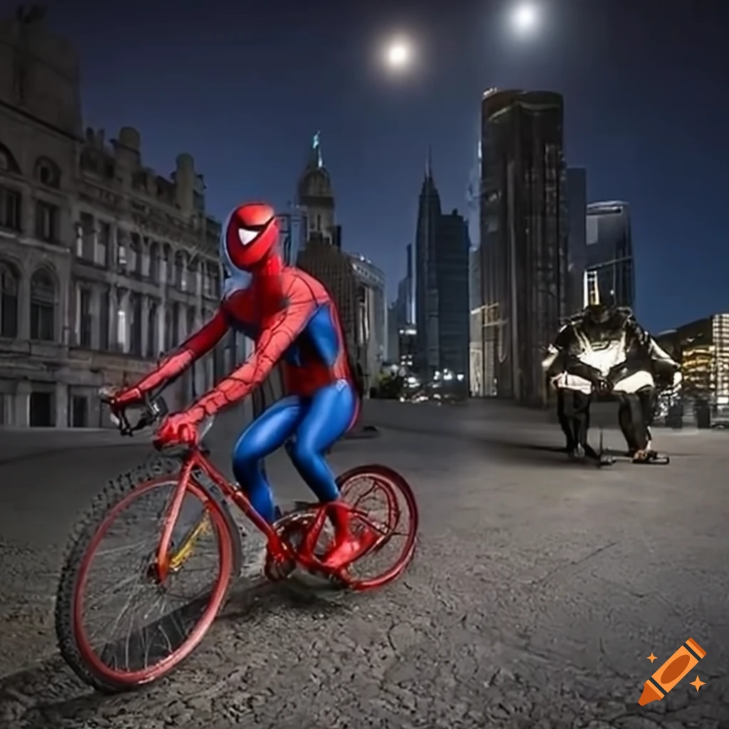 Spider-man and batman biking together at night on Craiyon