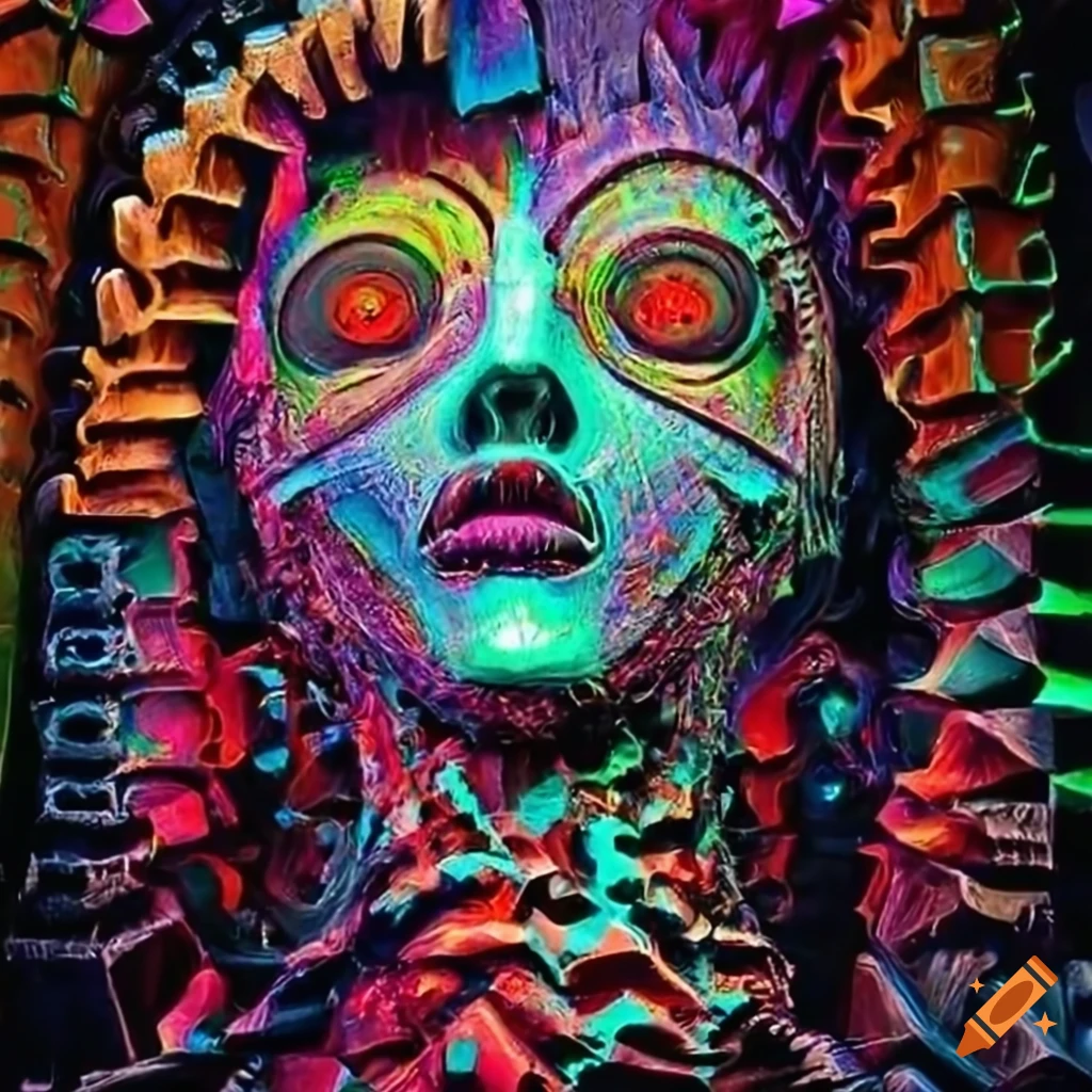 Colorful psychedelic alien creatures in 1960s sci-fi fashions with ...