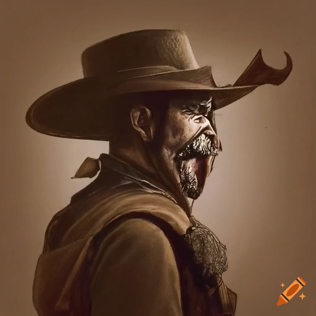 Detailed sepia pencil sketch of a western outlaw with a mustache and ...