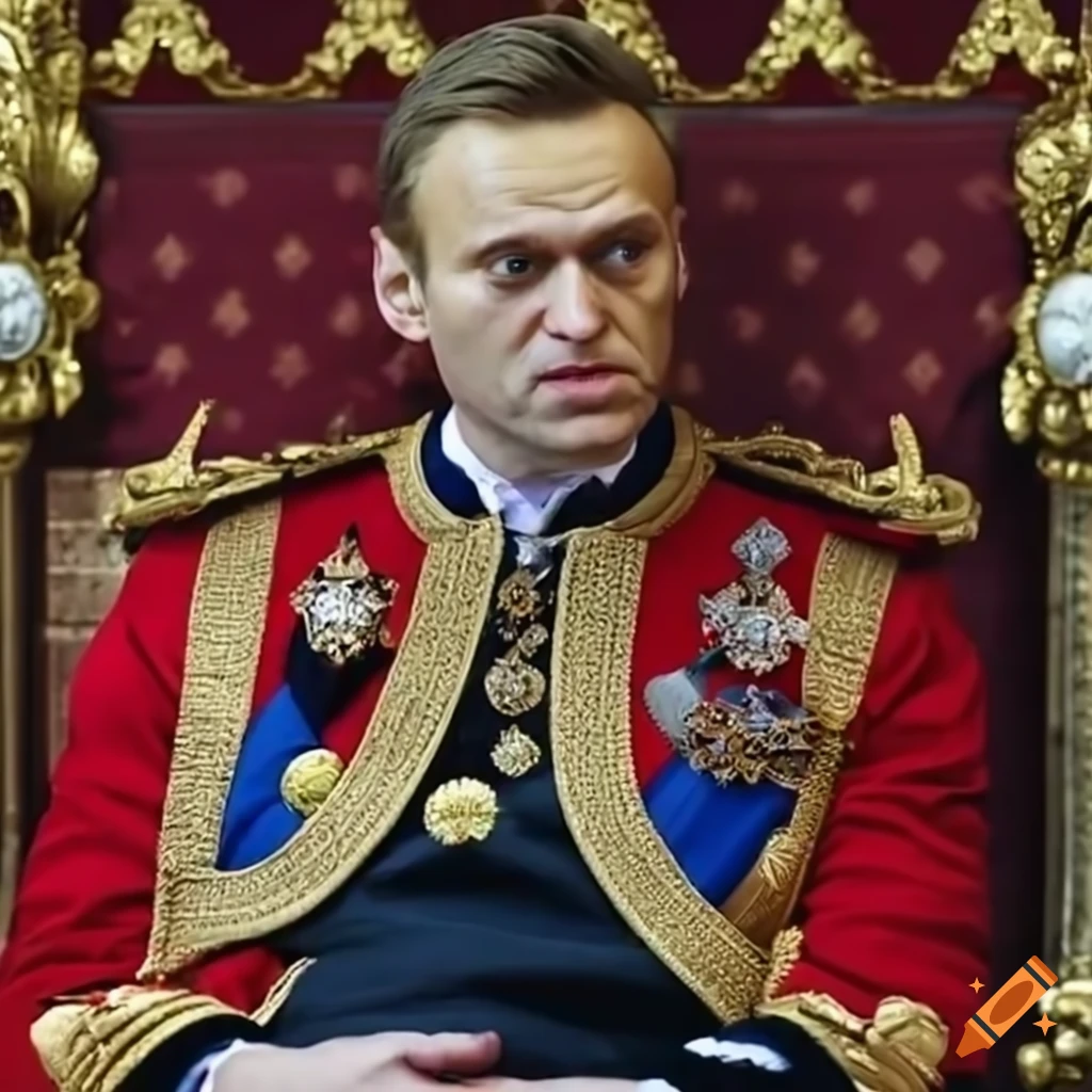 Alexei Navalny seated regally in royal attire exuding confidence on Craiyon