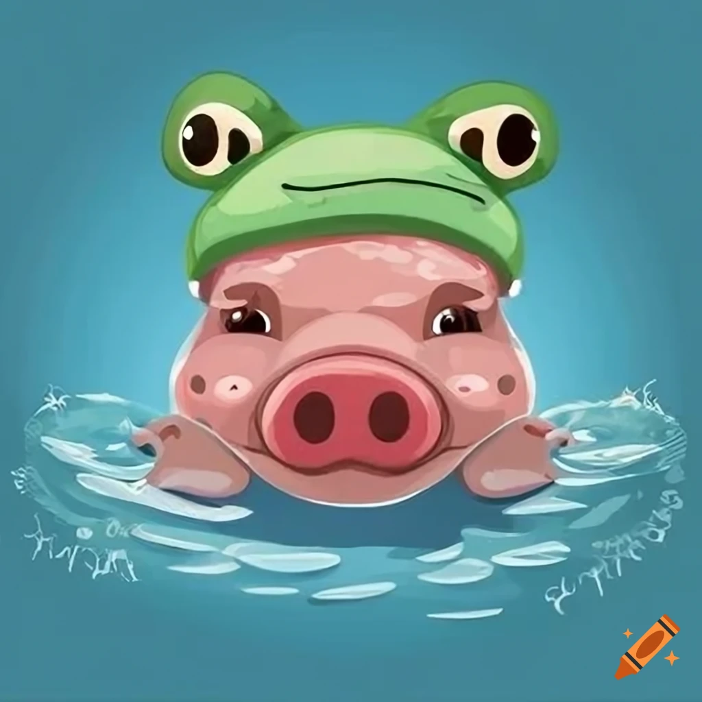Adorable cartoon pig with a frog-shaped hat swimming on Craiyon