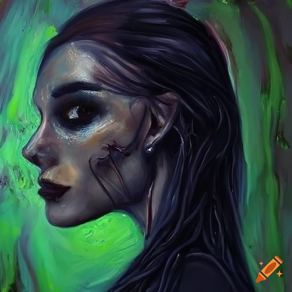 Abstract oil painting of a captivating pale creature with dark eyes and ...