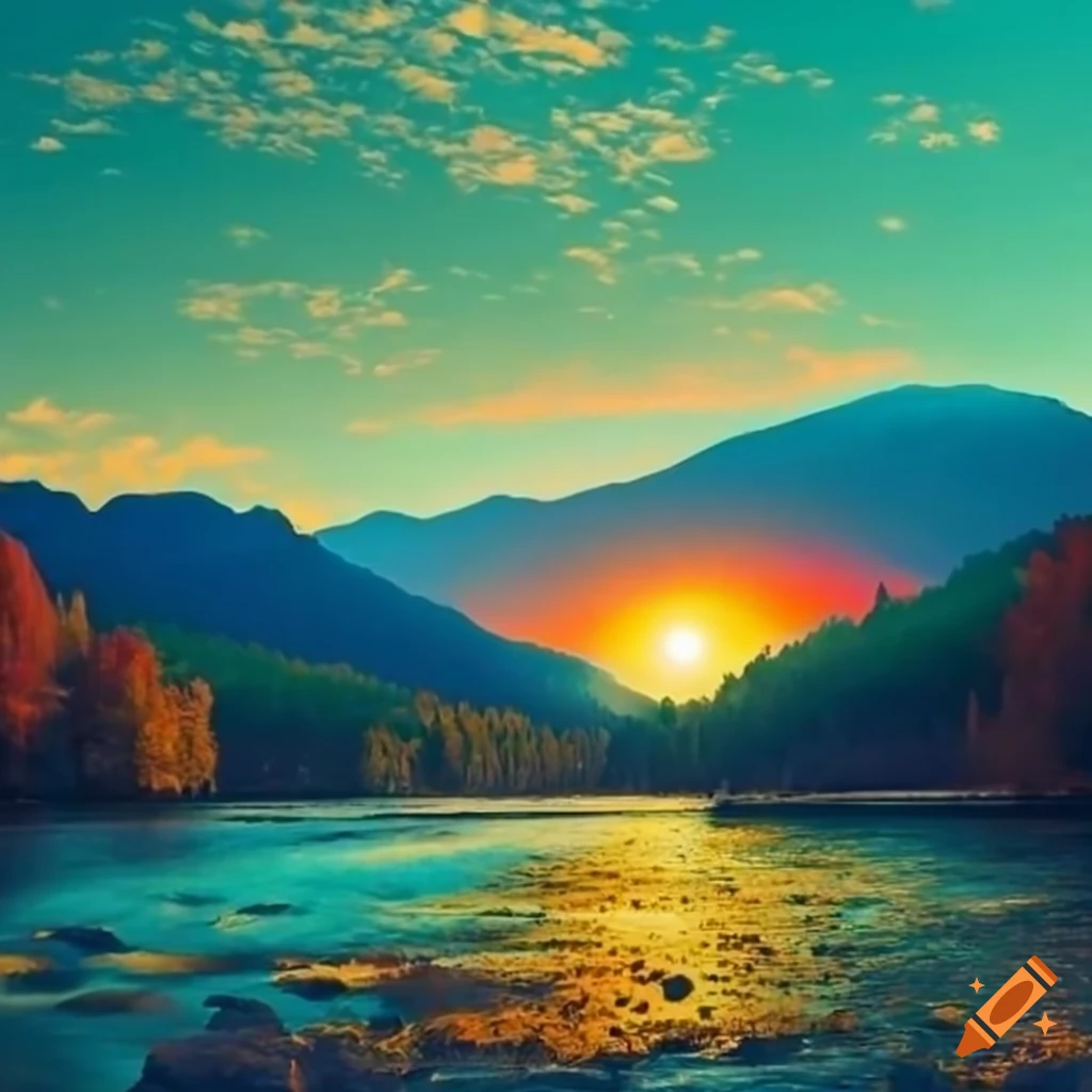 Mountain and river sunset landscape in peacock green, burnt orange, and ...