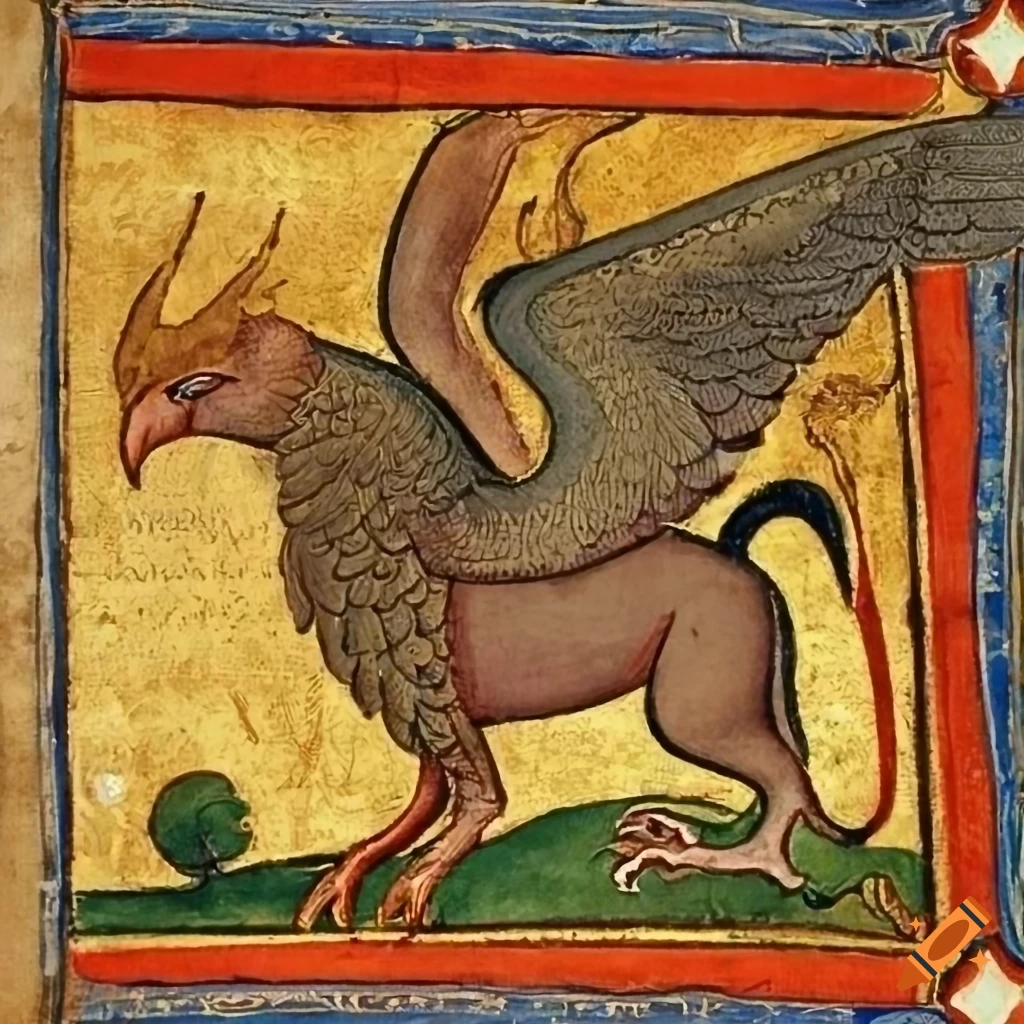 Medieval manuscript with a majestic griffin among oak trees on Craiyon