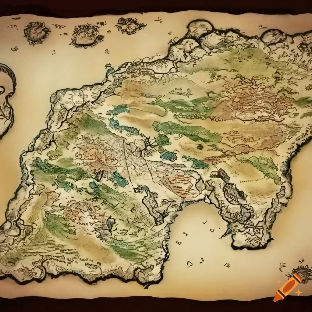 Hand-drawn fantasy map of a mythical continent with villages and towns on Craiyon