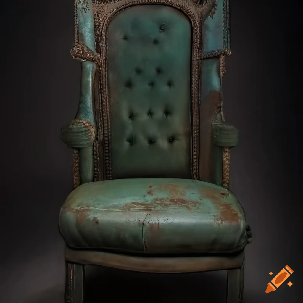 Abandoned worn leather chair with stuffing spilling out under foggy ...