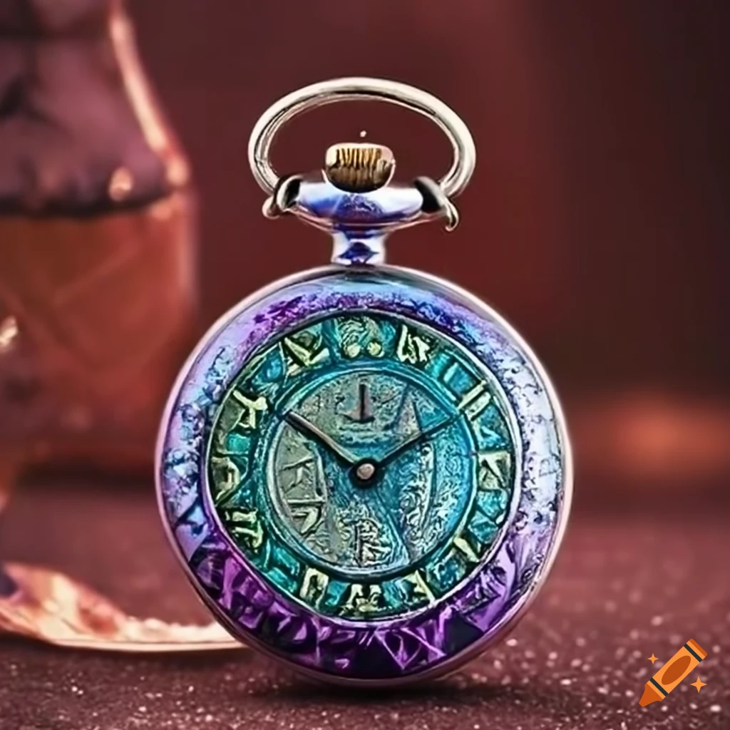 Enchanted magic runes pocket watch in a fantasy setting on Craiyon