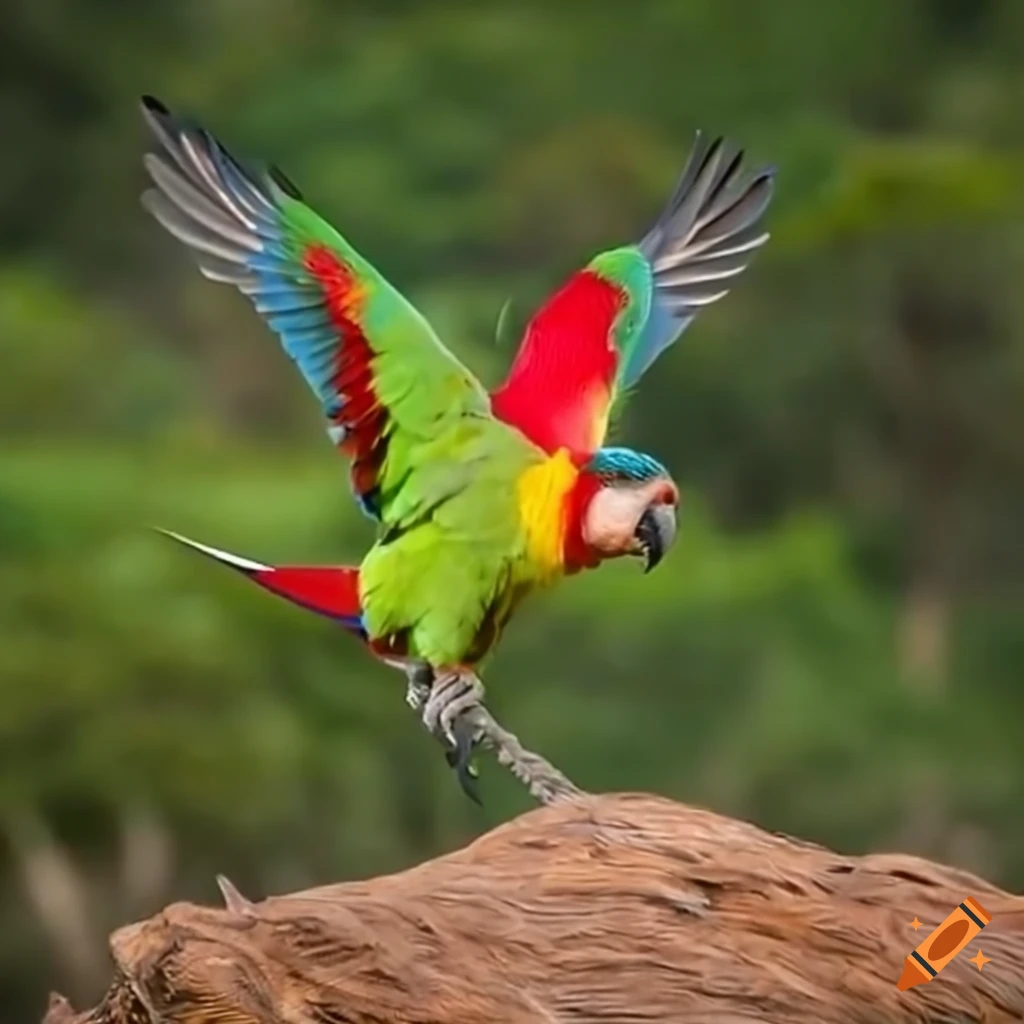 Kenyan parrot landing in a village environment on Craiyon