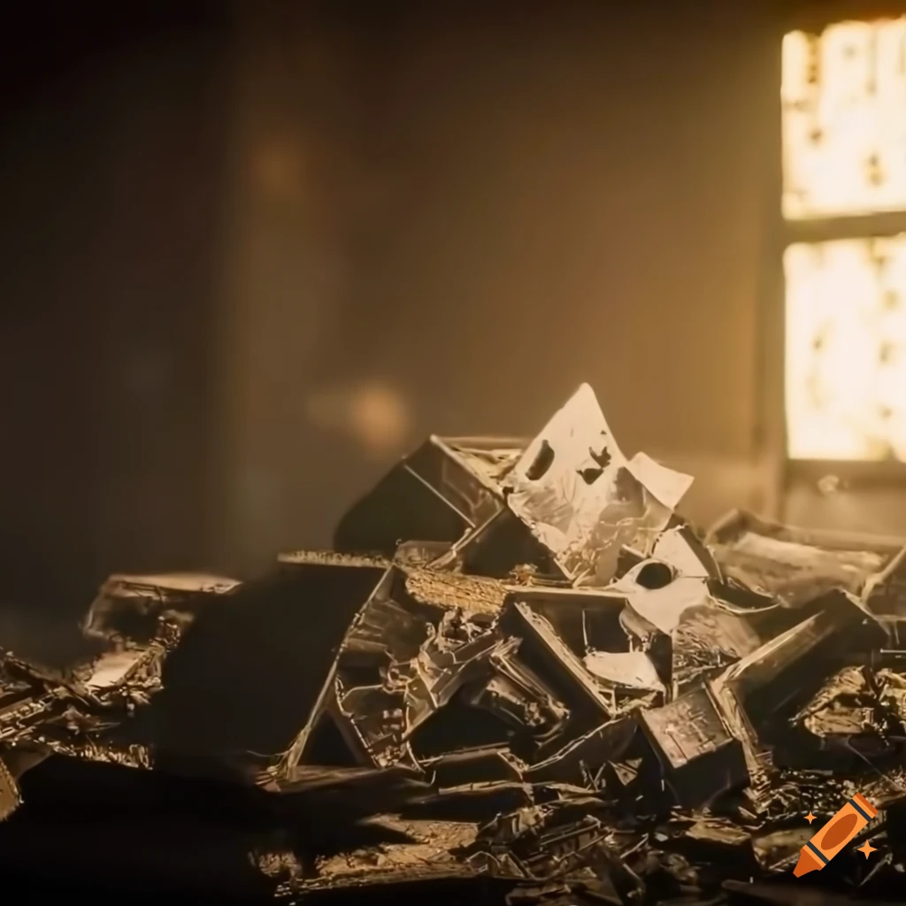 Pile of broken computer parts and machinery covered in dust in an ...