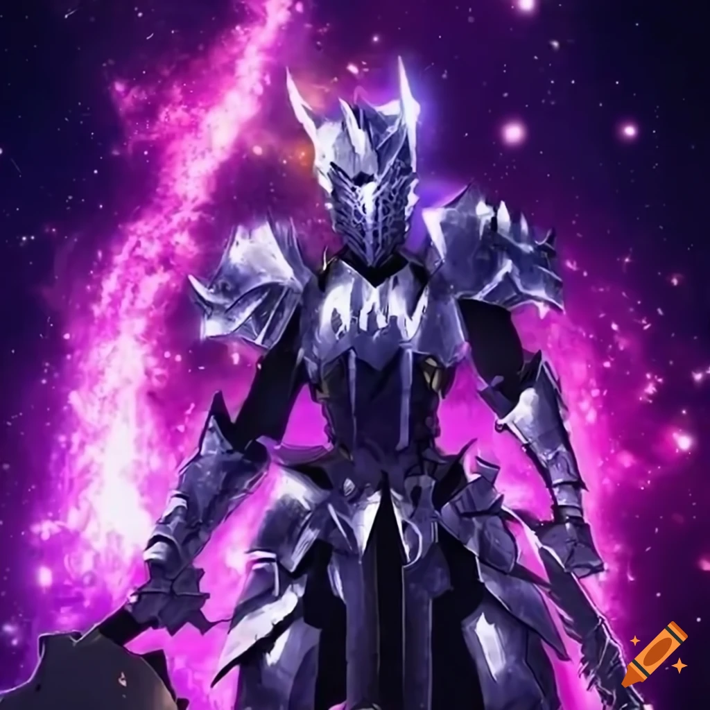 Anime celestial armored knight with demon weapons in galactic space on ...