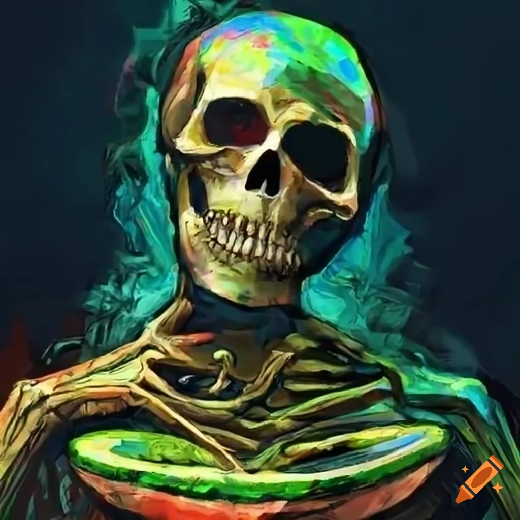 Powerful skeleton with watermelon symbolizing resilience and unity on ...