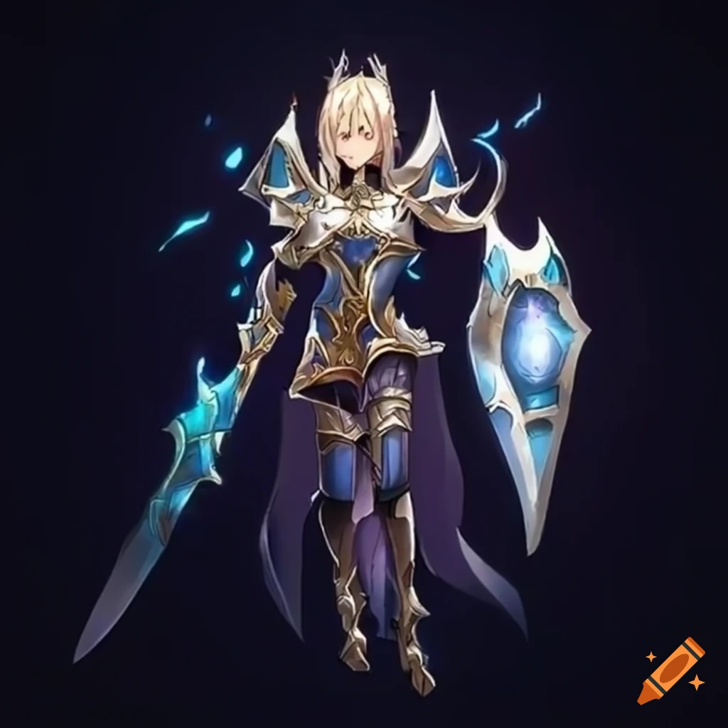 Anime celestial knight with light-infused weapons on Craiyon