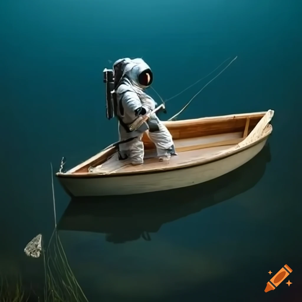 Astronaut fishing in a small boat on a lake on Craiyon