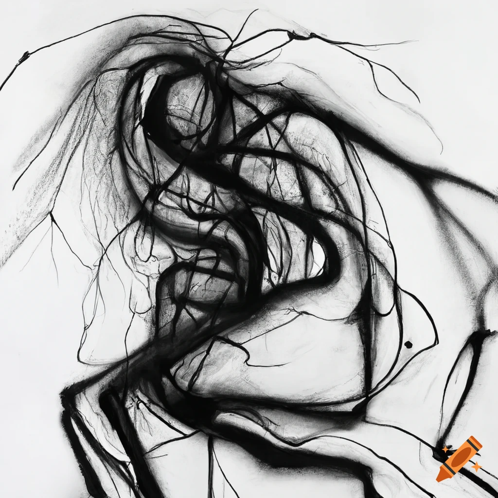 Abstract monster with long twisting limbs drawn in charcoal on white ...