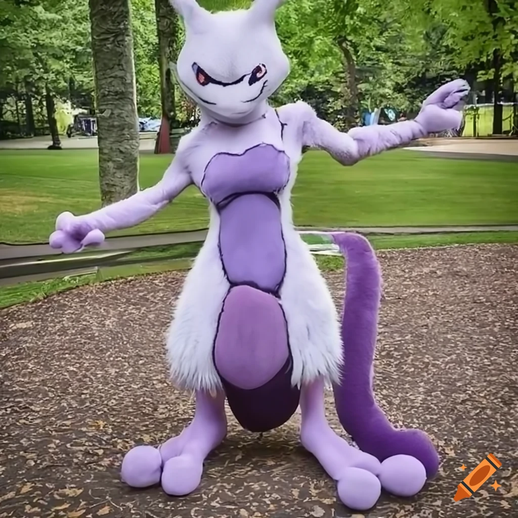 Detail of person wearing mewtwo fursuit costume at park on Craiyon