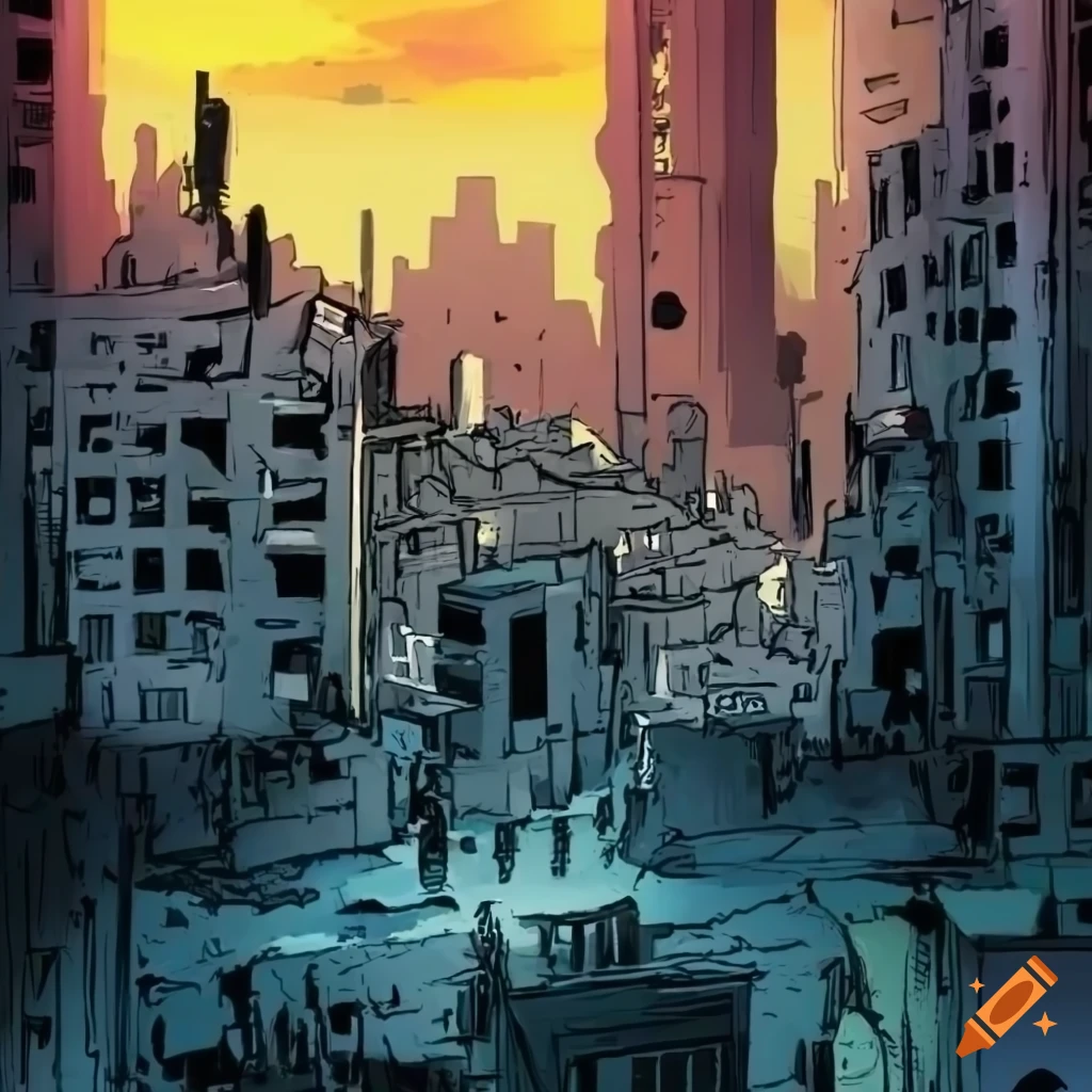 Destroyed city in a comic style illustration on Craiyon