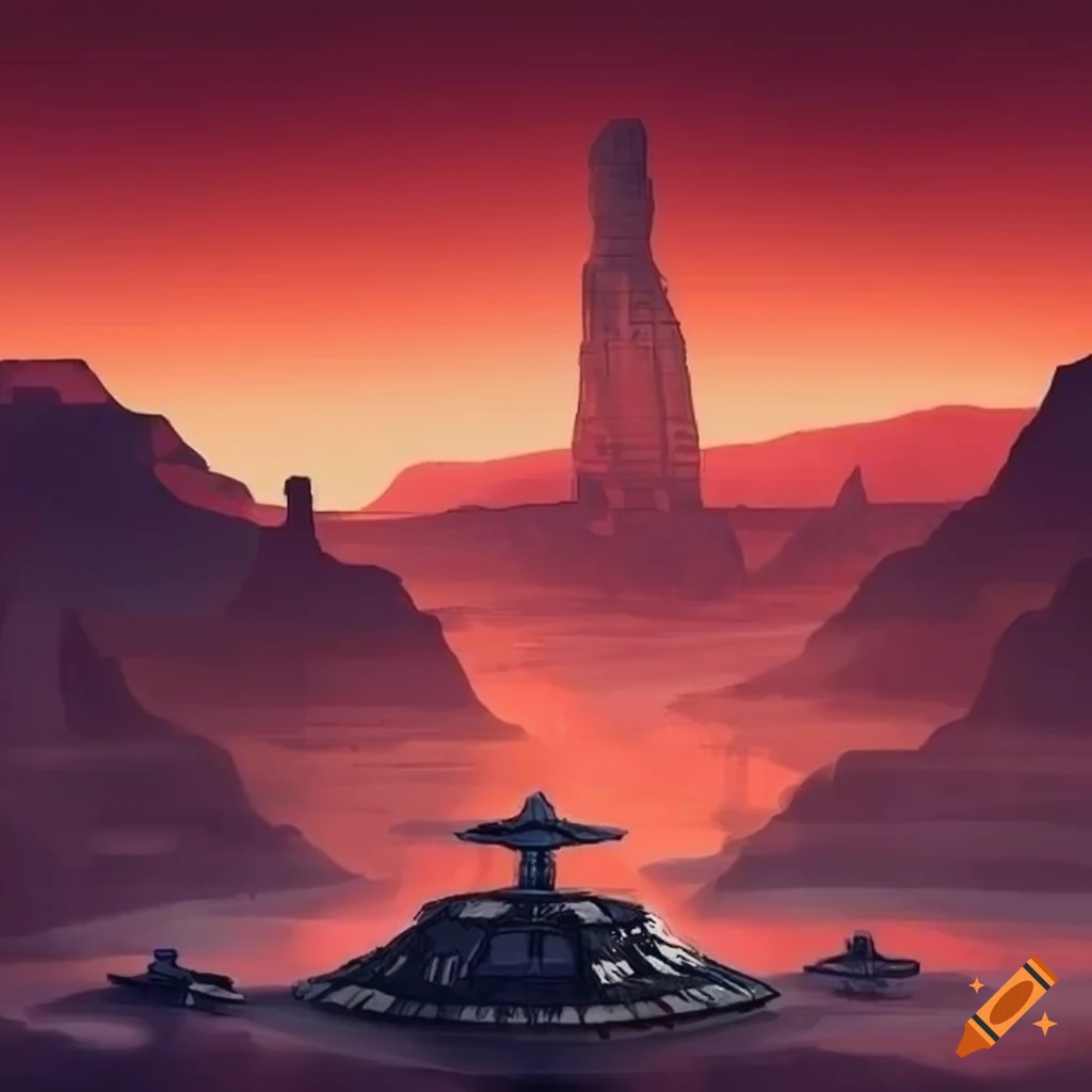 Star wars imperial base in a canyon with a river in line art on Craiyon