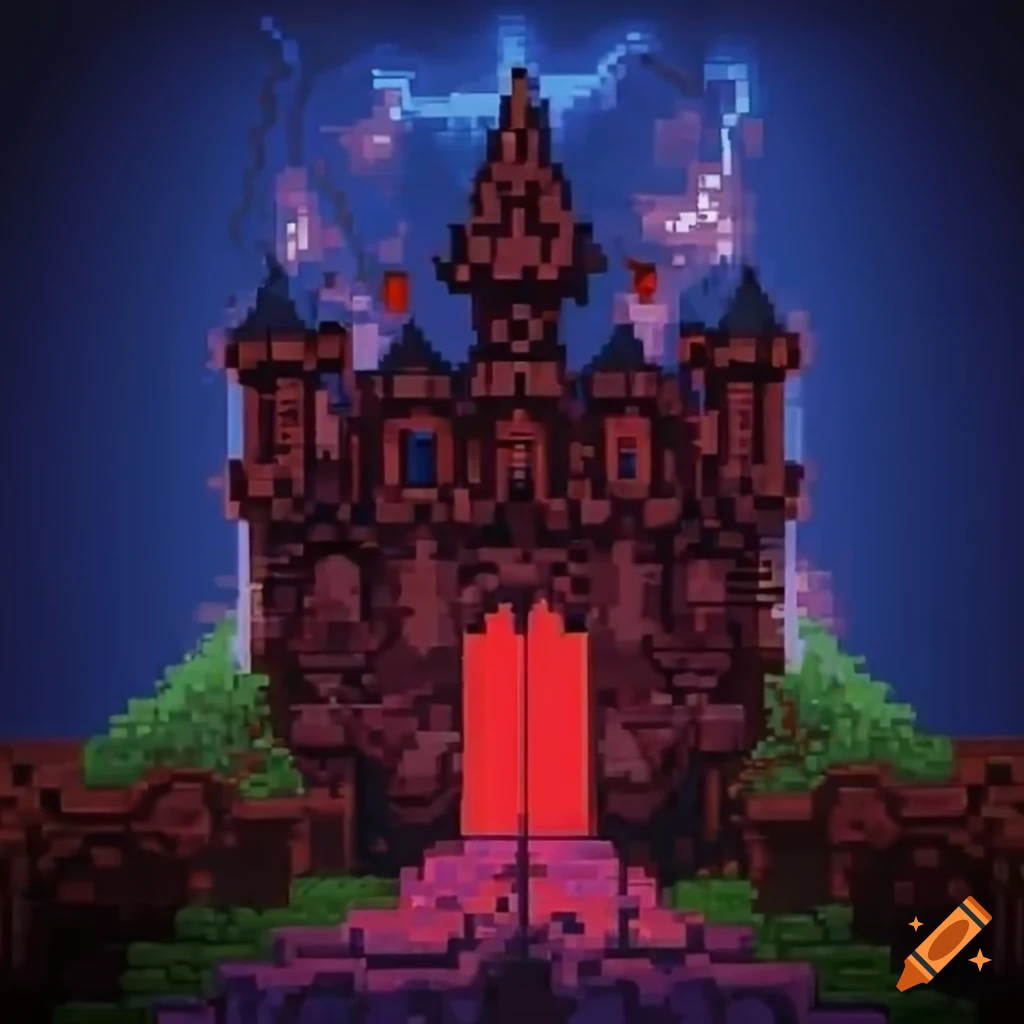 Simon Belmont facing a gate of a medieval vampire castle under a stormy ...