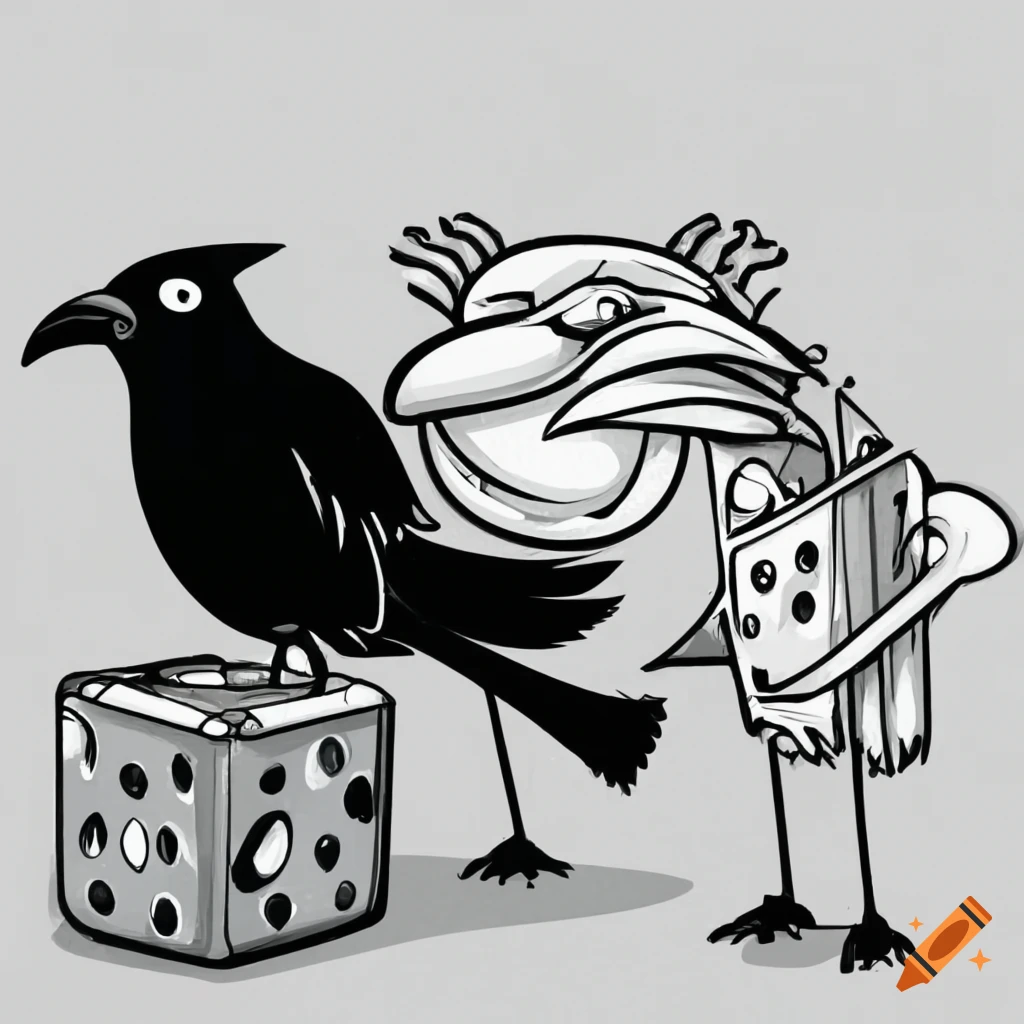 Cartoon of two crows playing dice in black and white on Craiyon