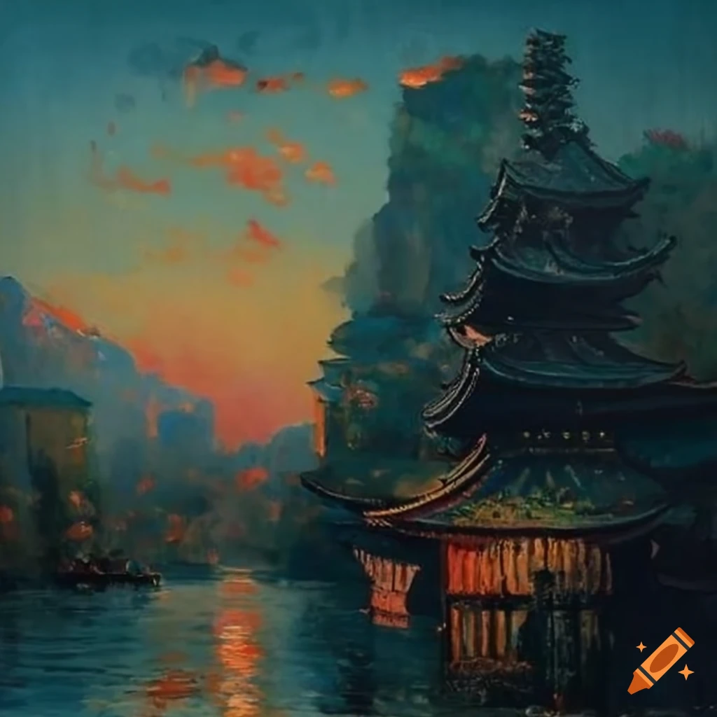 Japanese theater landscape in impressionist art style on Craiyon