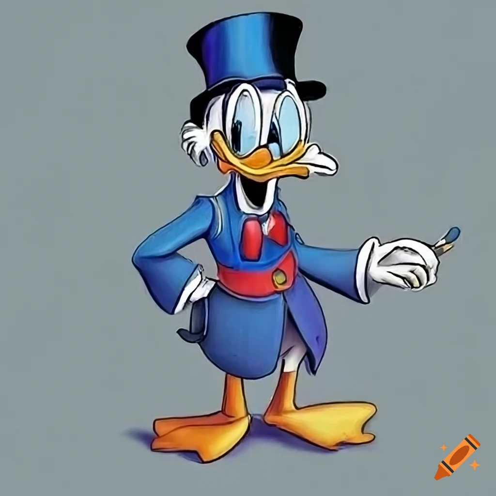 Scrooge McDuck wearing blue in a bold pose against a white backdrop on ...
