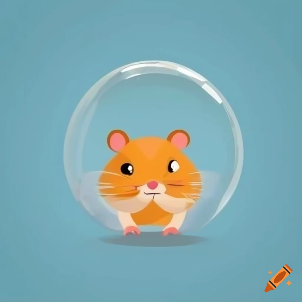 Animated orange hamster playing in a clear ball on light blue ...