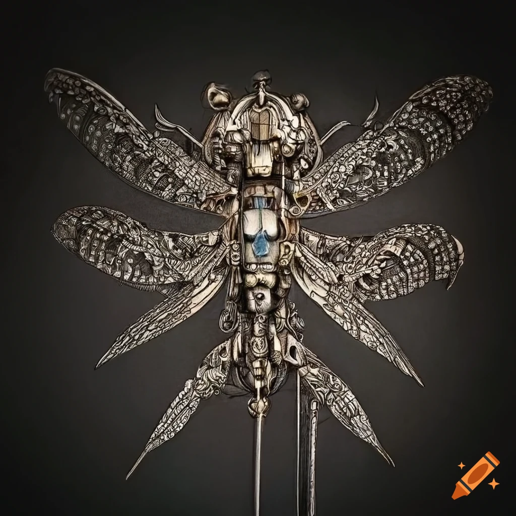 Intricate and captivating mechanical dragonfly drone drawing inspired ...