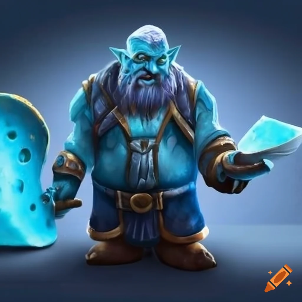 Blue dwarf with stone skin holding a wheel of cheese on Craiyon