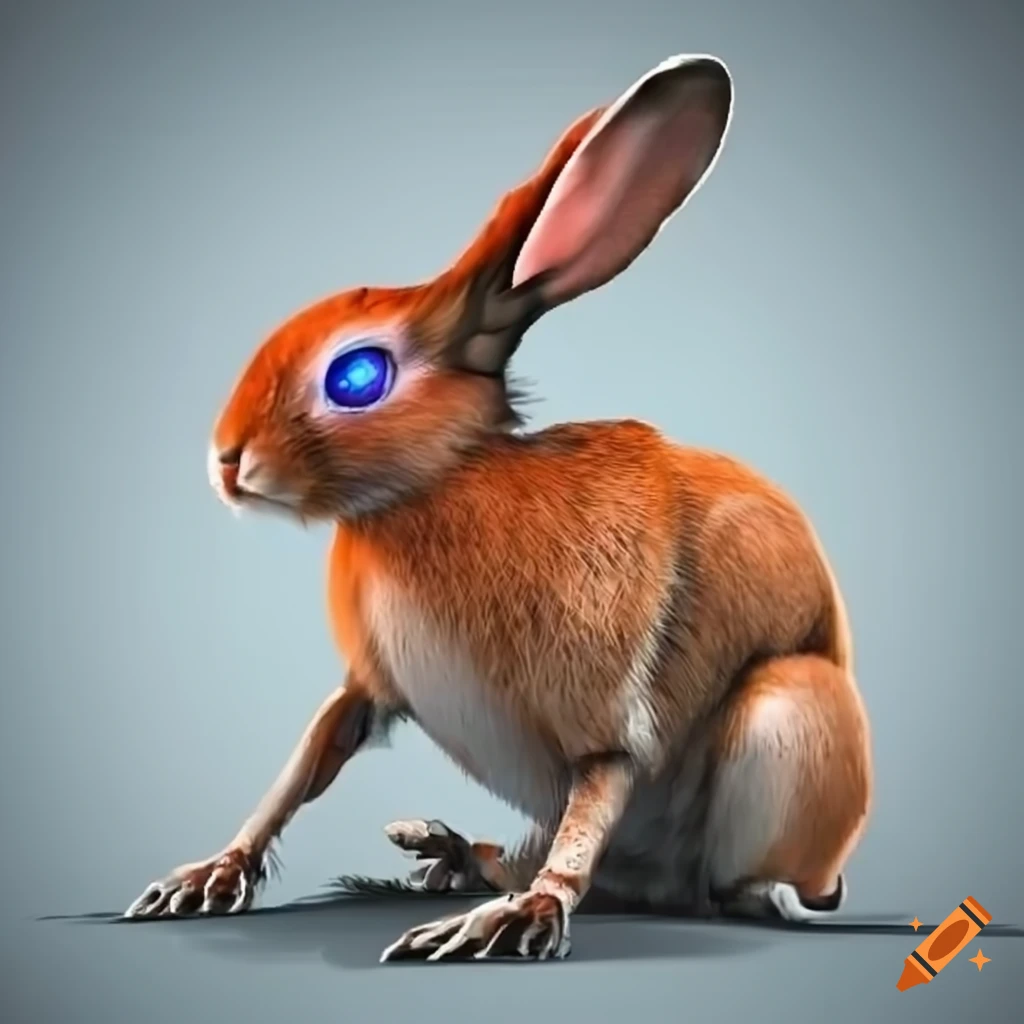 Red biological rabbit with the blue Eye of Atlas on Craiyon