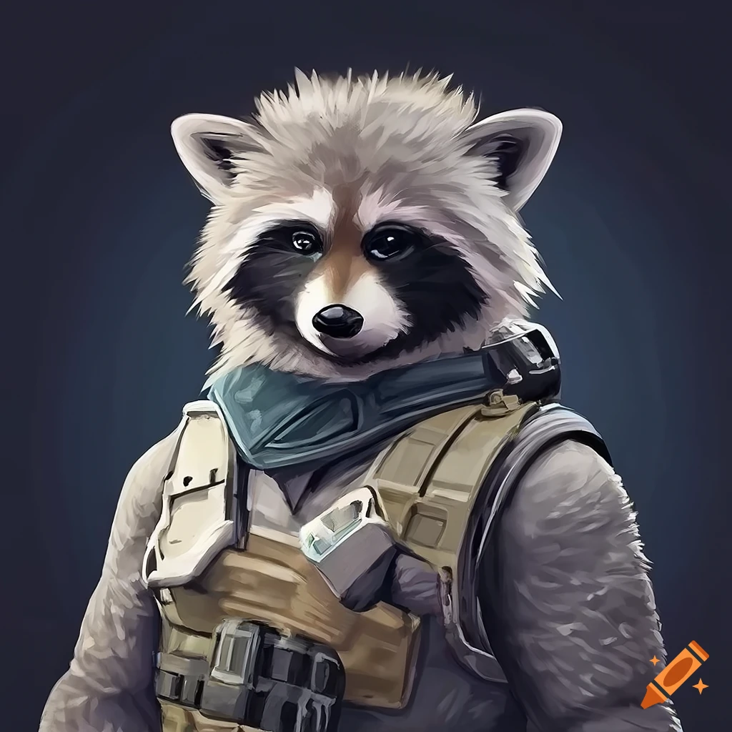 Strong male anthro furry raccoon in modern tactical outfit on Craiyon