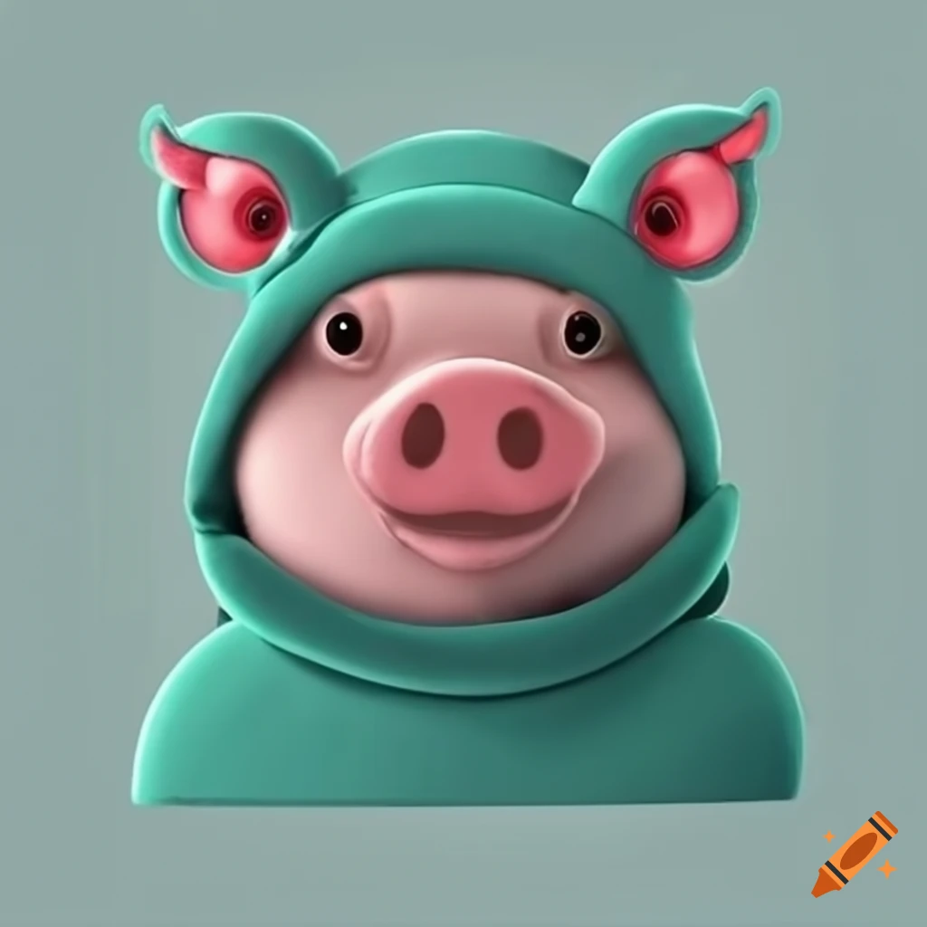 Adorable cartoon pig with frog-shaped winter hat on Craiyon