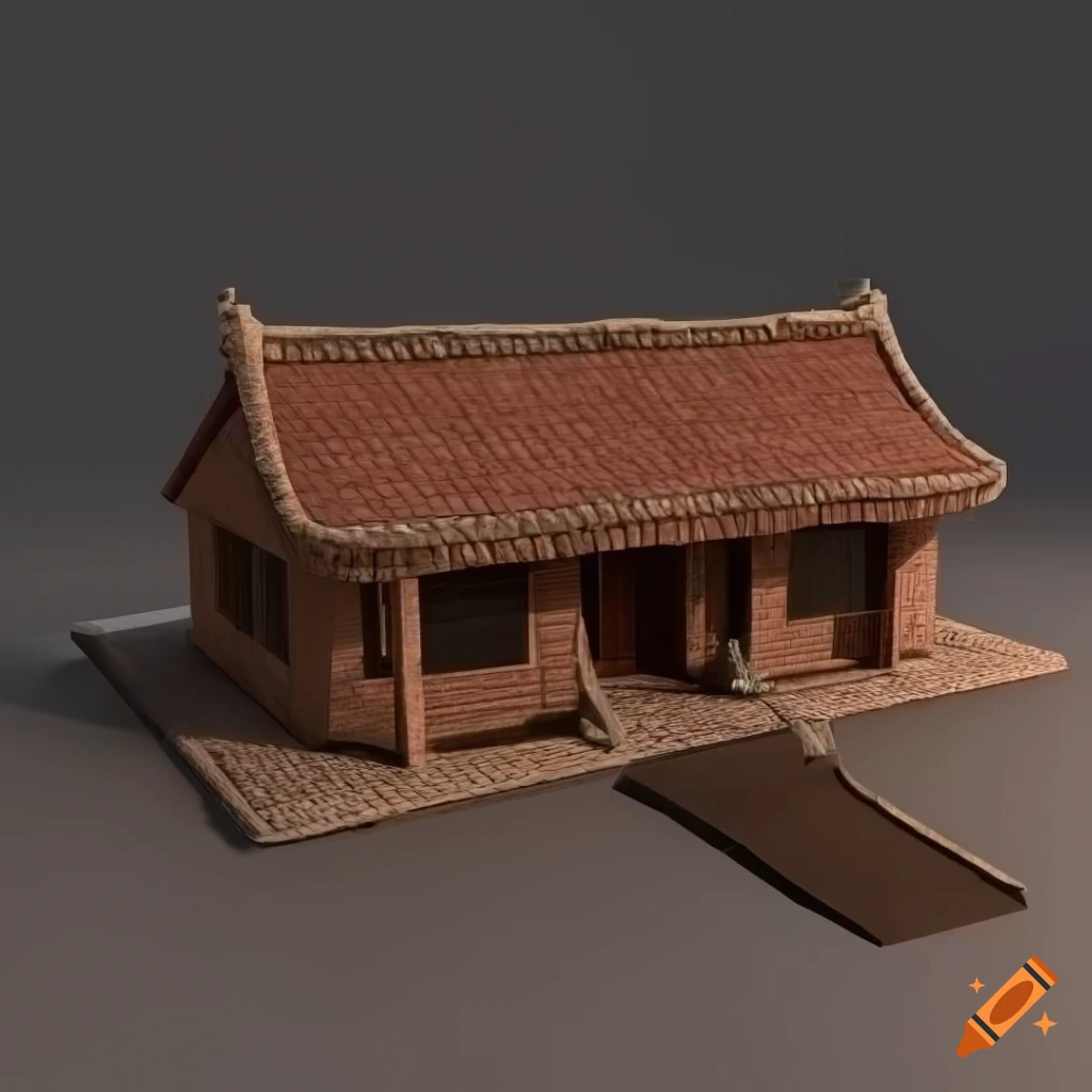 3d model of a simple adobe house with chinese tile roof on Craiyon