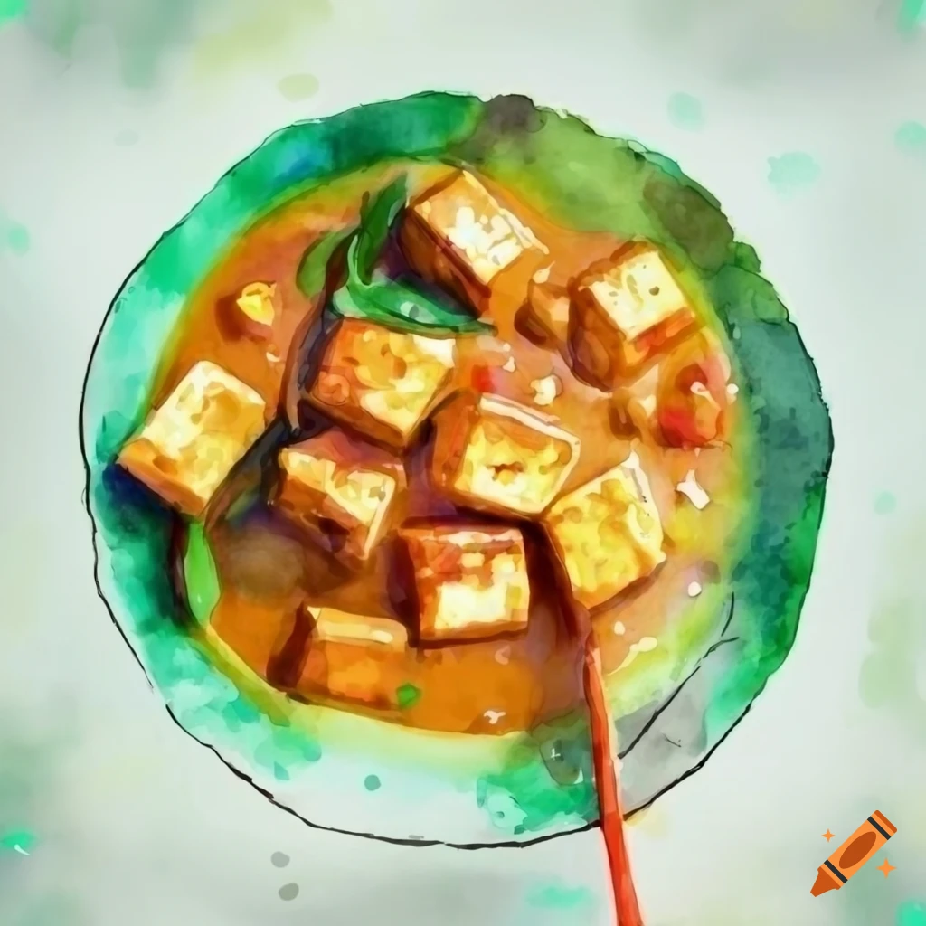 Watercolor illustration of a beautiful tofu curry dish on Craiyon
