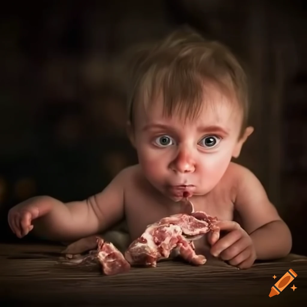 Unwell baby human eating meat in a post-apocalyptic landscape on Craiyon