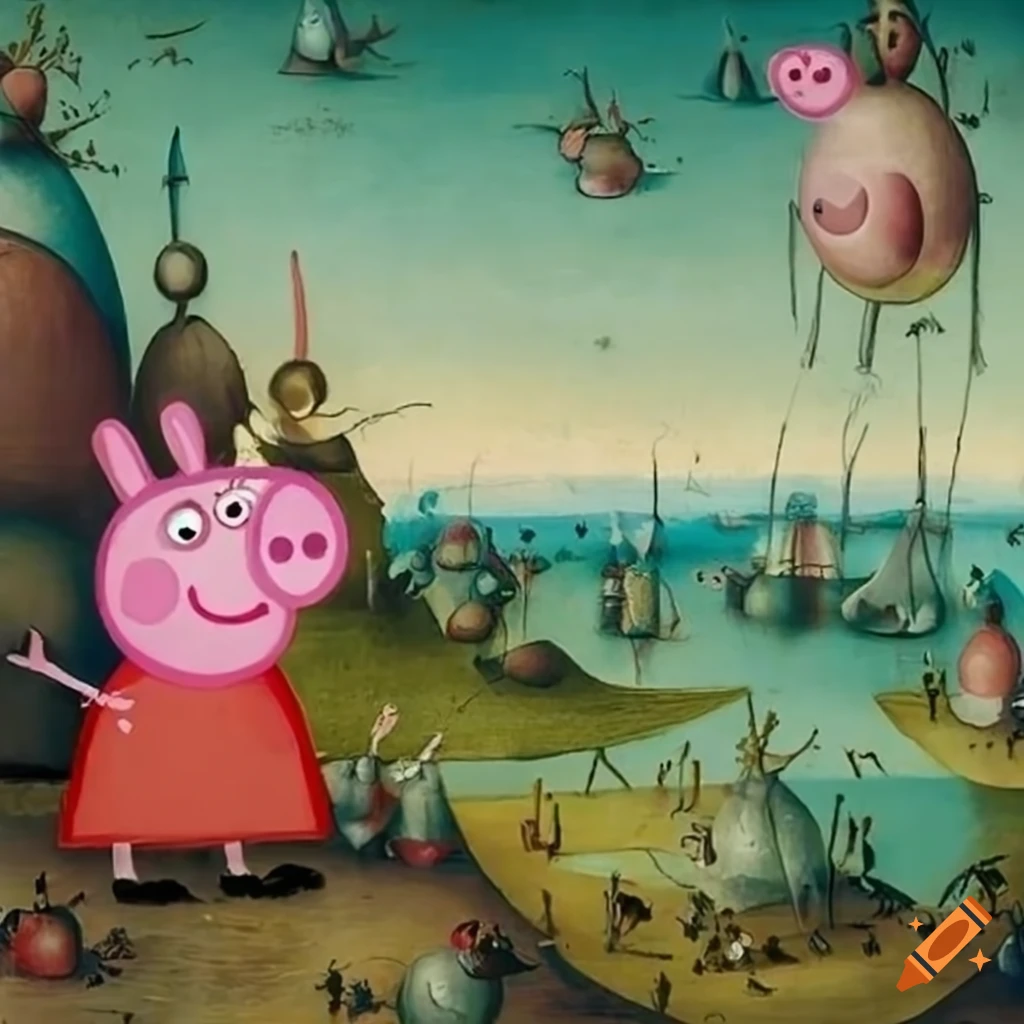 Peppa pig in a surreal hieronymus bosch landscape on Craiyon